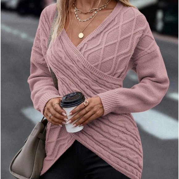 Delilah Wear | Sweaters | New V Neck Pink Crossover Cable Knit Sweater ...